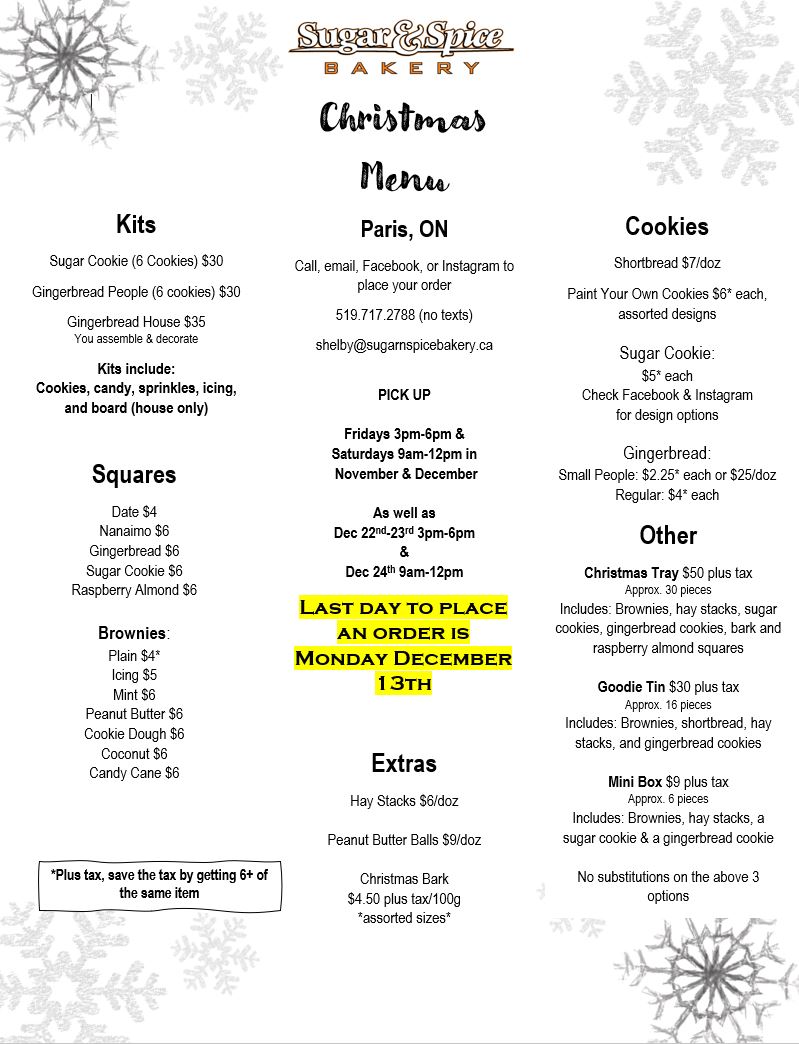 Christmas Menu - Sugar & Spice Bakery